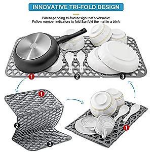 Sink Protectors for Kitchen Sink, Kitchen Sink Mats Grid Accessory 26''×13.7'', Non-slip Silicone Sink Mats,Grey Kitchen Sink Mat with Center Drain for Farmhouse Stainless Steel Ceramic Sink