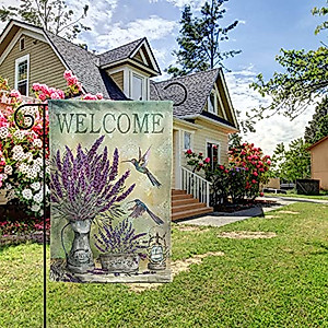 Lavender Flower Garden Flag Double Sided, Funny Hummingbird Bird Welcome Yard Flags for Outdoor Porch Lawn Home Decor 12 x 18 Inch
