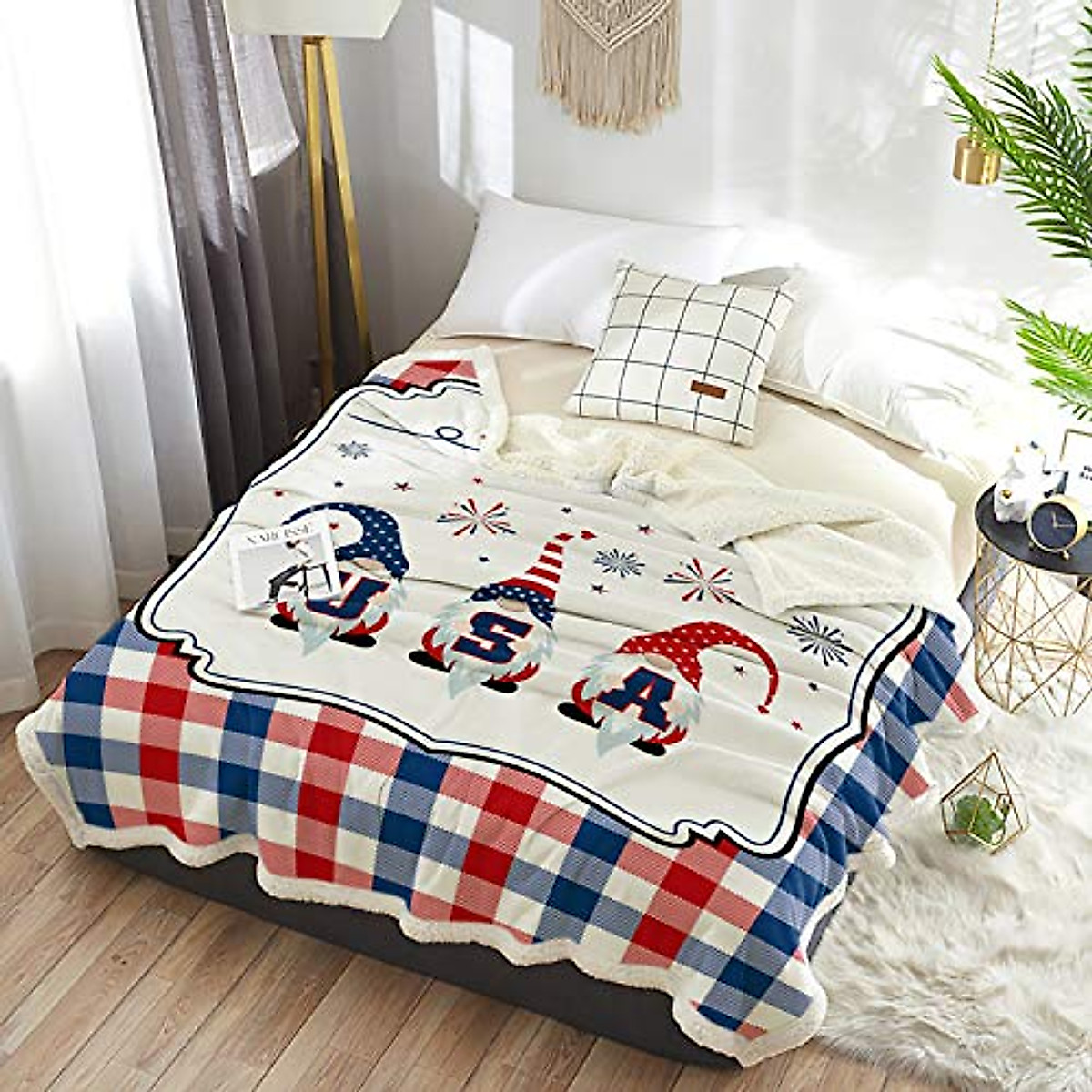 Sherpa Fleece Throw Blanket Independence Day Gnome USA Flag Reversible Warm Cozy Throws, Blue Red White Buffalo Lattice Super Soft Plush Bed TV Movie Blankets for Living Room Couch/Sofa/Travel/Office