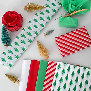 Blisstime Christmas Tissue Paper Gift Wrapping Paper, 200 Sheets, 13.5" X 19.5", White, Red, Green, Red Stripe, Christmas Trees Design