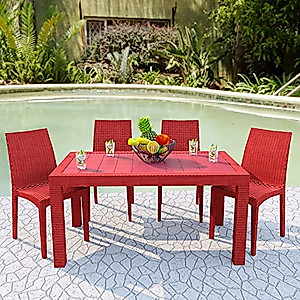 LeisureMod Modern Indoor/Outdoor Home Decorative Furniture Weave Mace Dining Chair (Armless), Set of 4 - Red