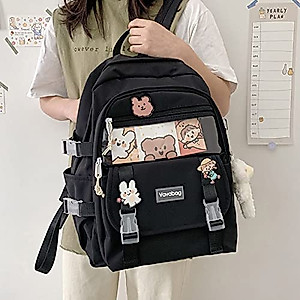 Kawaii Backpack for Teen Girls Aesthetic Student Bookbags with Cute pin bear pendant harajuku school nylon waterproof (black)
