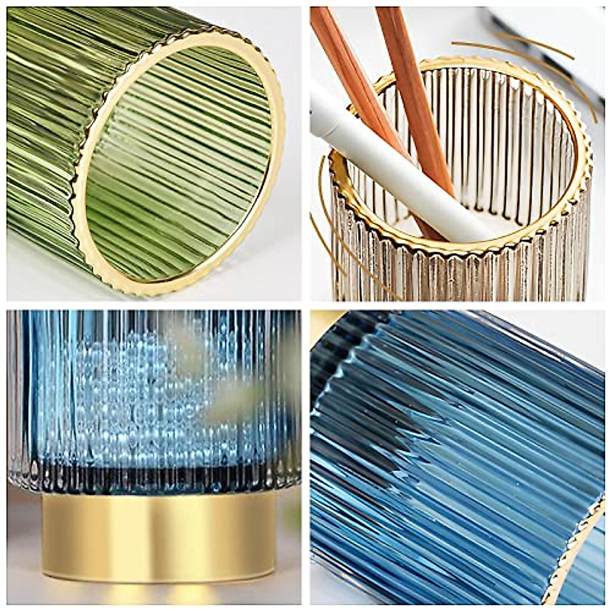 DASITON Makeup Brush holder Organizer,Crystal Cosmetic Makeup Brush Glass Brushes Storage Holder, Vintage Make Up Brush Cup Pen Pencil Holder striped vase(Green S+L