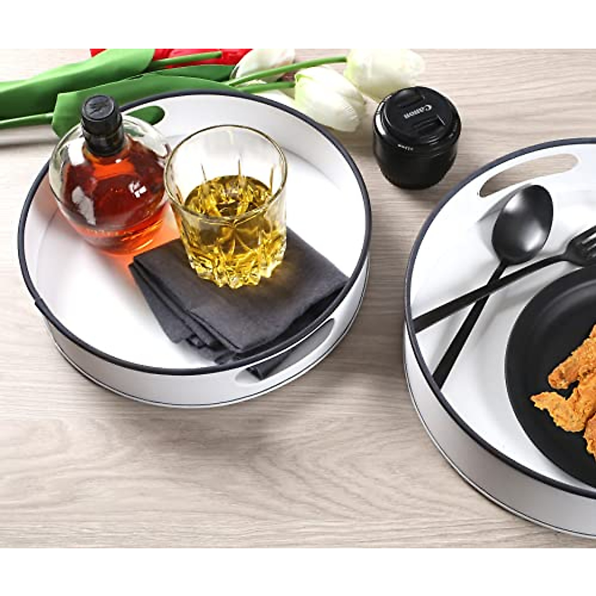 Decorative Coffee Table Tray,Galvanized Round Serving Tray for Living Room, Round Metal Tray for Ottoman or Side Table, Charcuterie Board or Cheese Platter,Set of 2 Countertop Fruit Tray Baskets