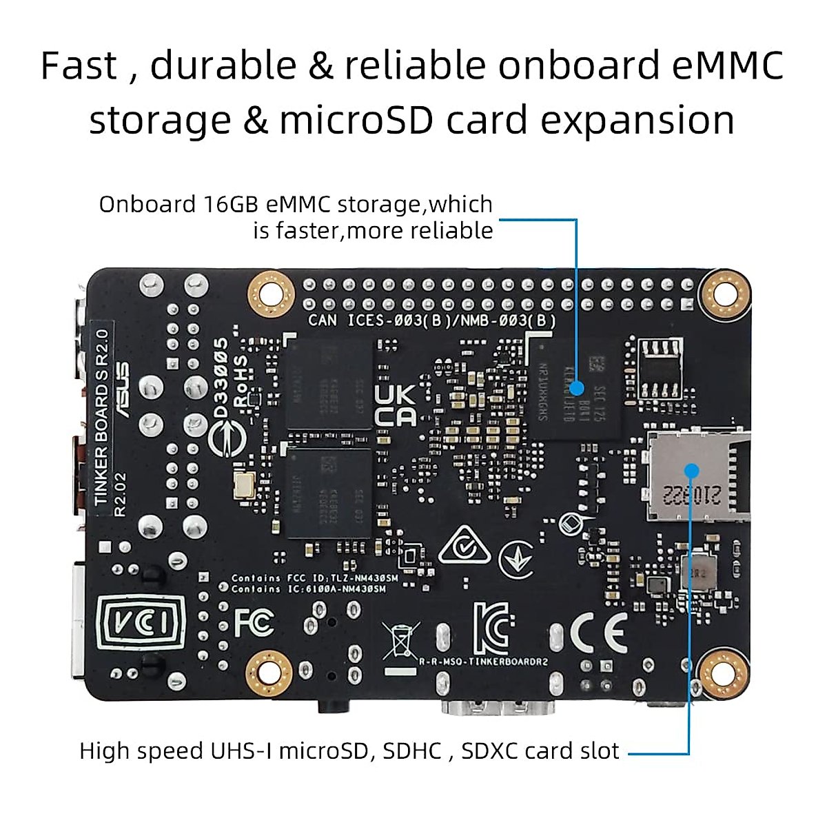 Tinker Board S R2.0 Single Board Computer RK3288 SoC 1.8GHz Quad Core CPU, 600MHz Mali-T764 GPU, 2GB LPDDR3 & 16GB eMMC Motherboard