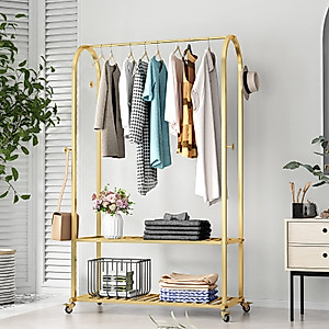 Gold Clothing Rack on Wheels Modern Display Rack with 2-tier Shelf Metal Hanging Rack Gold Clothes Rack for Boutique, Retail or Home (gold)
