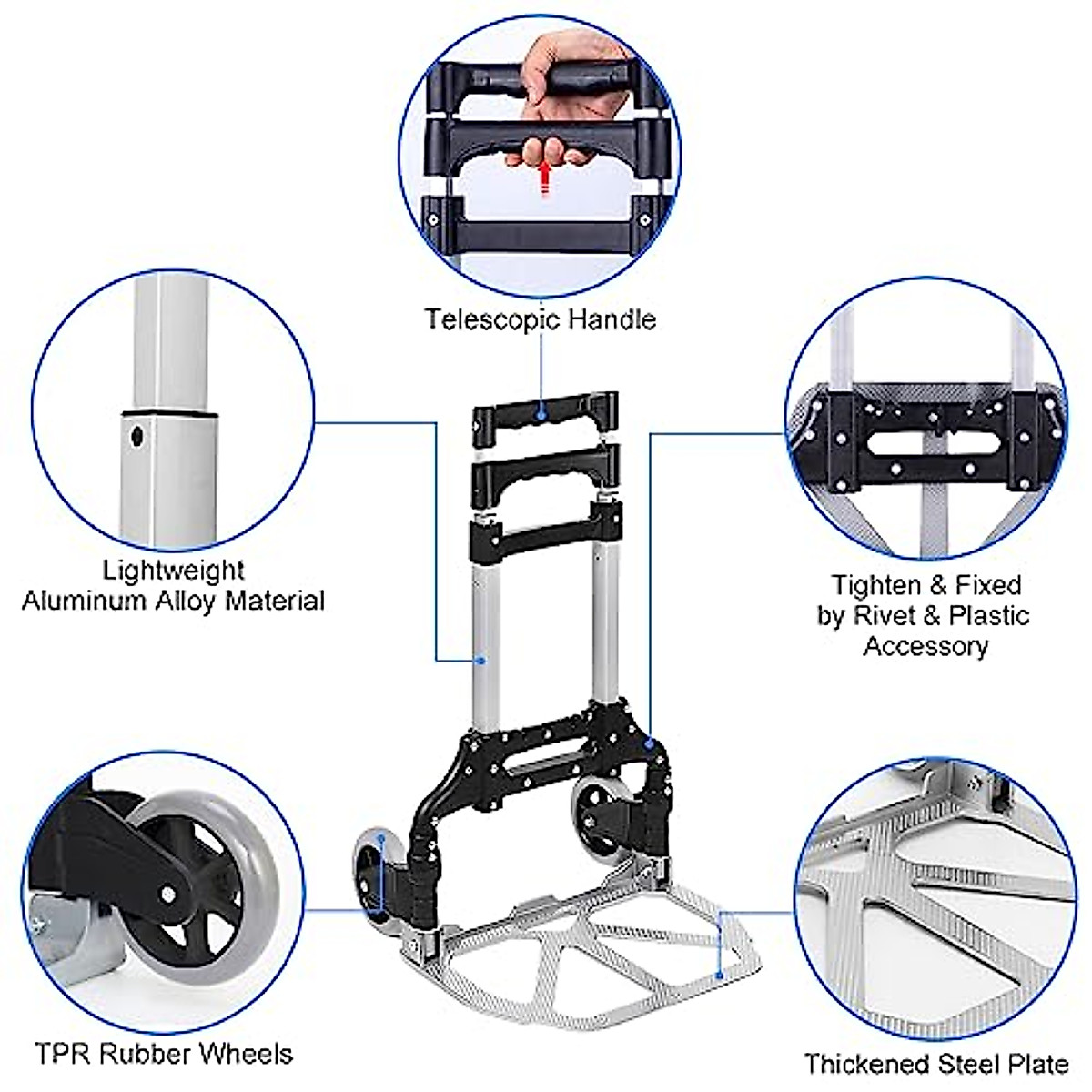 Double Rhombus Folding Hand Truck Dolly Cart, 330 Lbs Load Capacity Aluminium Trolley Cart with Telescoping Handle, 2 Rubber Wheels, Bungee Cords for Luggage, Travel, Moving, Shopping, Office Use