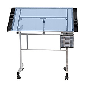 Studio Designs Vision Craft and Drawing Station - 35.5" W by 23.75" D Silver-Blue Glass Top Drafting Table with Pencil Drawers, Side Trays, & Built-In Pencil Ledge - Angle Adjustable Work Surface