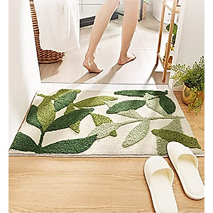 ZGXL Green Leaves Bath Mats Bathroom Rugs Non-Slip Soft Microfiber Absorbent Machine Washable Entrance Doormat for Bathroom Floor Tub Shower 17.5 X 25.5 Inches