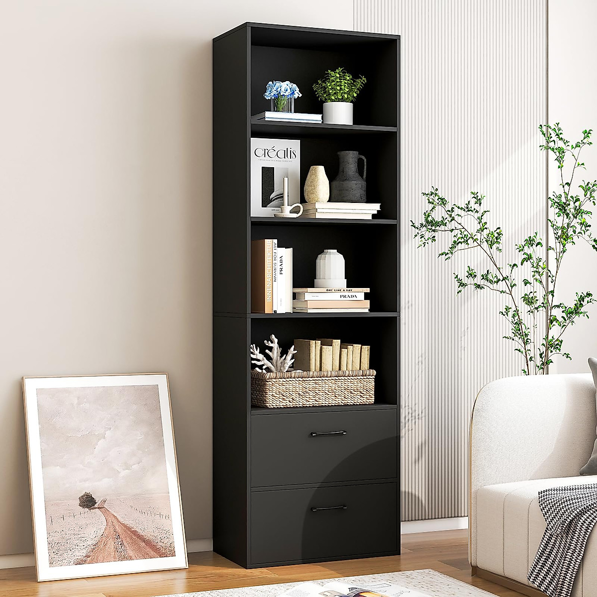 IFANNY 74" Tall Bookcase, Freestanding Open Bookshelf w/ 4 Open Shelves & 2 Drawers, Modern Display Shelf with Anti-Toppling Device, Wooden Book Shelf for Bedroom, Study, Living Room, Office