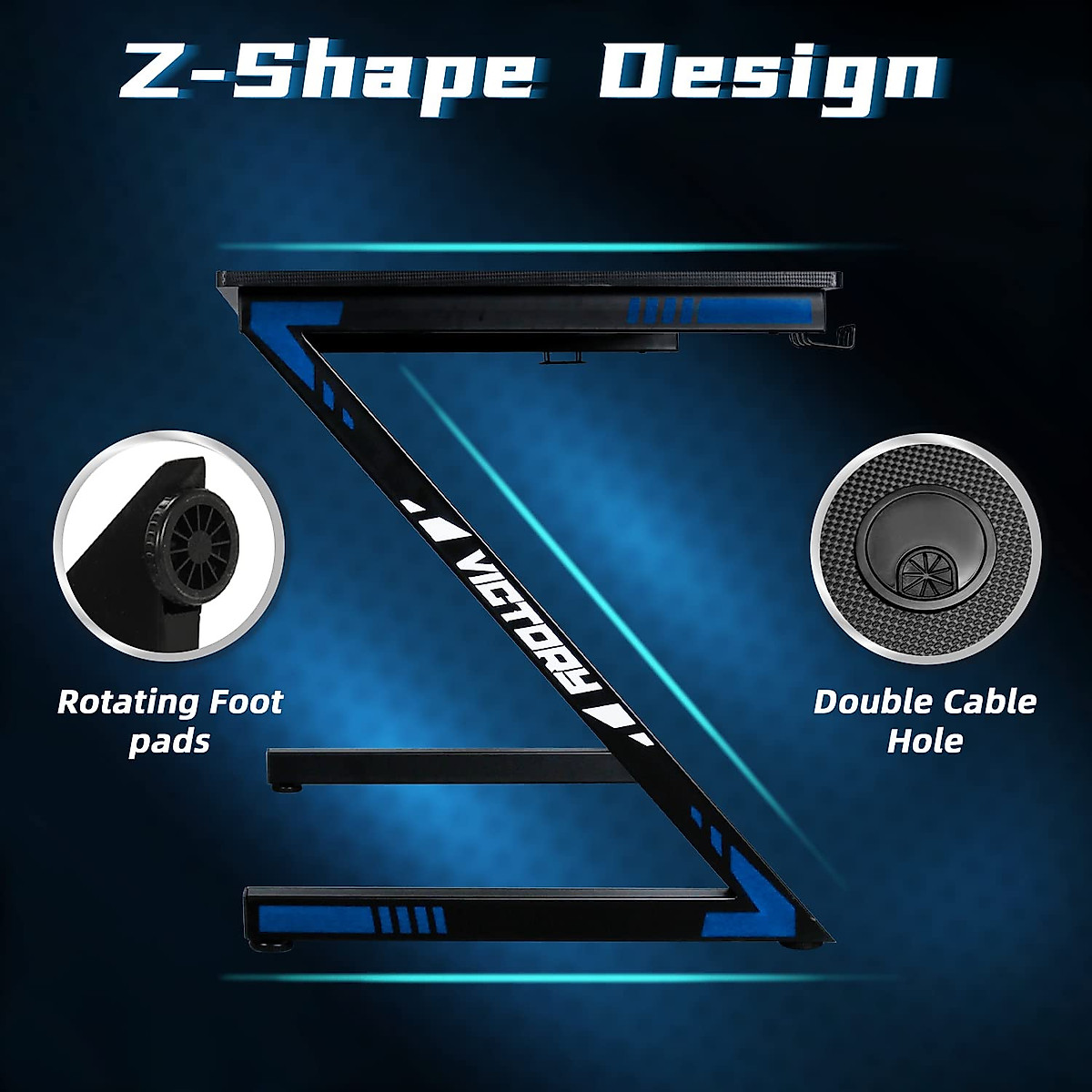 Cirstore Gaming Desk 39 Inch Computer Desk Gaming Table Z Shaped Pc Gaming Workstation Home Office Desk with Headphone, Gaming Controller Rrack,Black and Blue