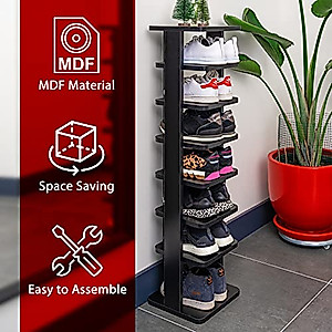Modeazy 7 Tiers Multi Function Wooden Shoe Rack, Vertical Shoe Rack for Entryway, Shoes Storage Stand, Modern Shoe Rack Organizer, Home Storage Shelf Organizer (Black, Single 11”Wx10.5”Dx42.5”H)