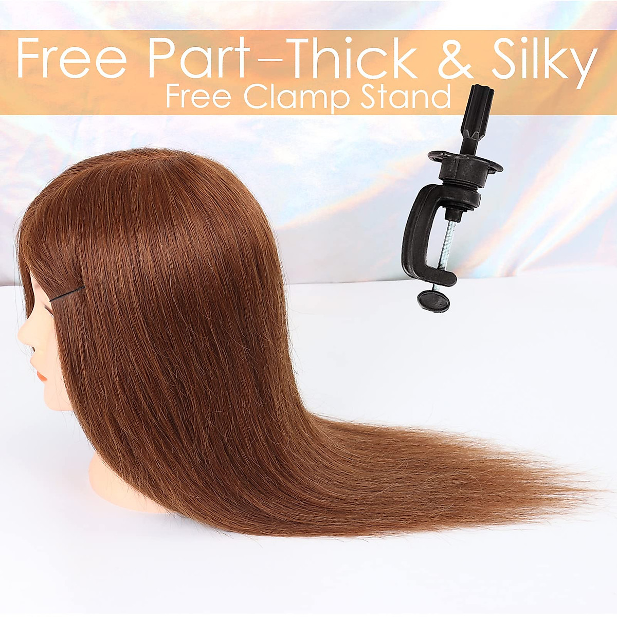 Mannequin Head with 100% Human Hair 20-22" Cosmetology Mannequin Head with Real Hair for Hairdresser Manikin Head Doll Head for Practice and Hair Cutting with Free Clamp & Hairdressing Tools (Brown)