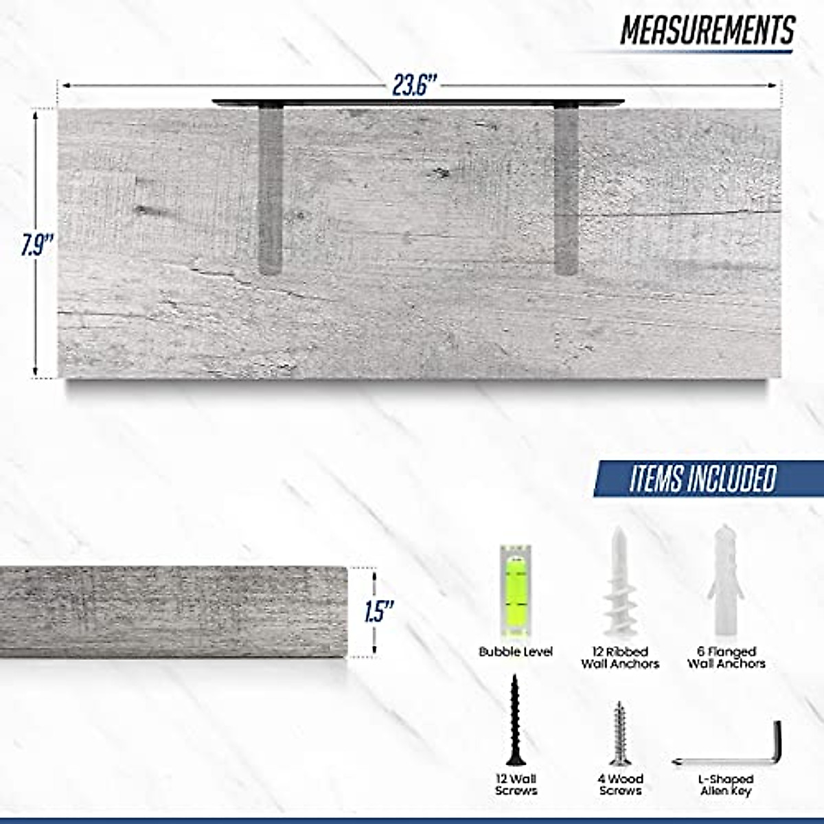 Under.Stated Floating Wall Shelves, 24” Hanging Shelf Set for Living Room, Office, Kitchen, Bathroom &, Perfect Home Room Wall Decor, Rustic Pattern Designed – (Rustic Whitewash Grey 24")