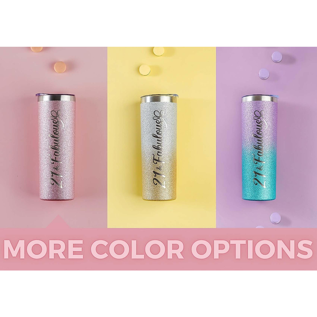 Onebttl 21st Birthday Gifts for Women, Girl, Her - 21 and Fabulous -20oz/590ml Stainless Steel Insulated Glitter Tumbler with Straw, Lid, Message Card - (Rose Gold)