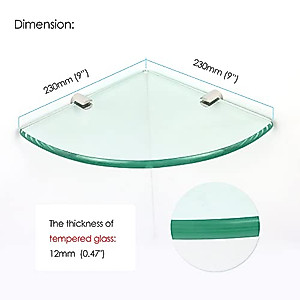 Bathroom Tempered Glass Shower Corner Shelf 12mm Thick Floating Wall Mounted Shelves for Home Decor 9"x9" Quarter Circle Shevling with SUS304 Bracket
