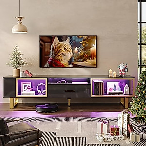 Bestier 70 Inch TV Stand for 75/77/80 Inch TV, LED Gaming Entertainment Center with Open Storage & Drawer, Modern High Gloss TV Console Table for Living Room Bedroom, Black and Gold