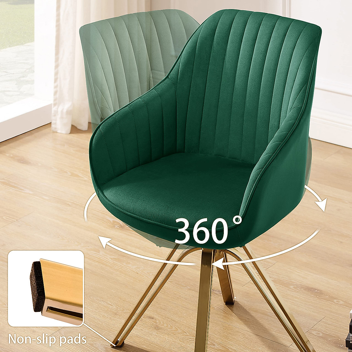 Art Leon Mid Century Modern Swivel Accent Chair, Desk Chair No Wheels, Fabric Upholstered Armchair with Gold Legs, Chair for Bedroom, Green Black