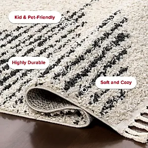 nuLOOM Bria Moroccan Shag Tasseled Area Rug - 2x12 Runner Shag Rug Modern/Contemporary Off-White/Charcoal Rugs for Living Room Bedroom Dining Room Nursery Entryway Hallway