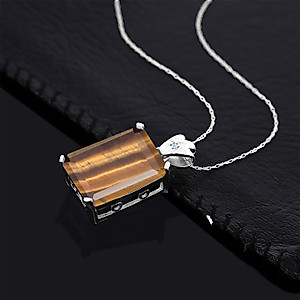Gem Stone King 925 Sterling Silver Brown Tiger Eye Pendant Necklace For Women (12.05 Cttw, Emerald Cut 18X13MM, with 18 Inch Silver Chain)