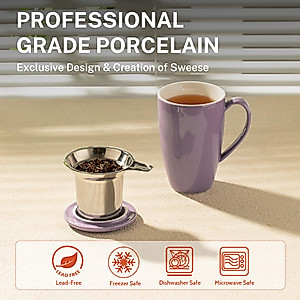 Sweese 15 OZ Porcelain Tea Mug with Infuser and Lid, Loose Leaf Tea Cup, Gifts for Tea Lover, Purple