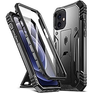 Poetic Revolution for iPhone 12 / iPhone 12 Pro Case 6.1 inch (2020 Release), Full-Body Rugged Dual-Layer Shockproof Protective Cover with Kickstand and Built-in-Screen Protector, Black