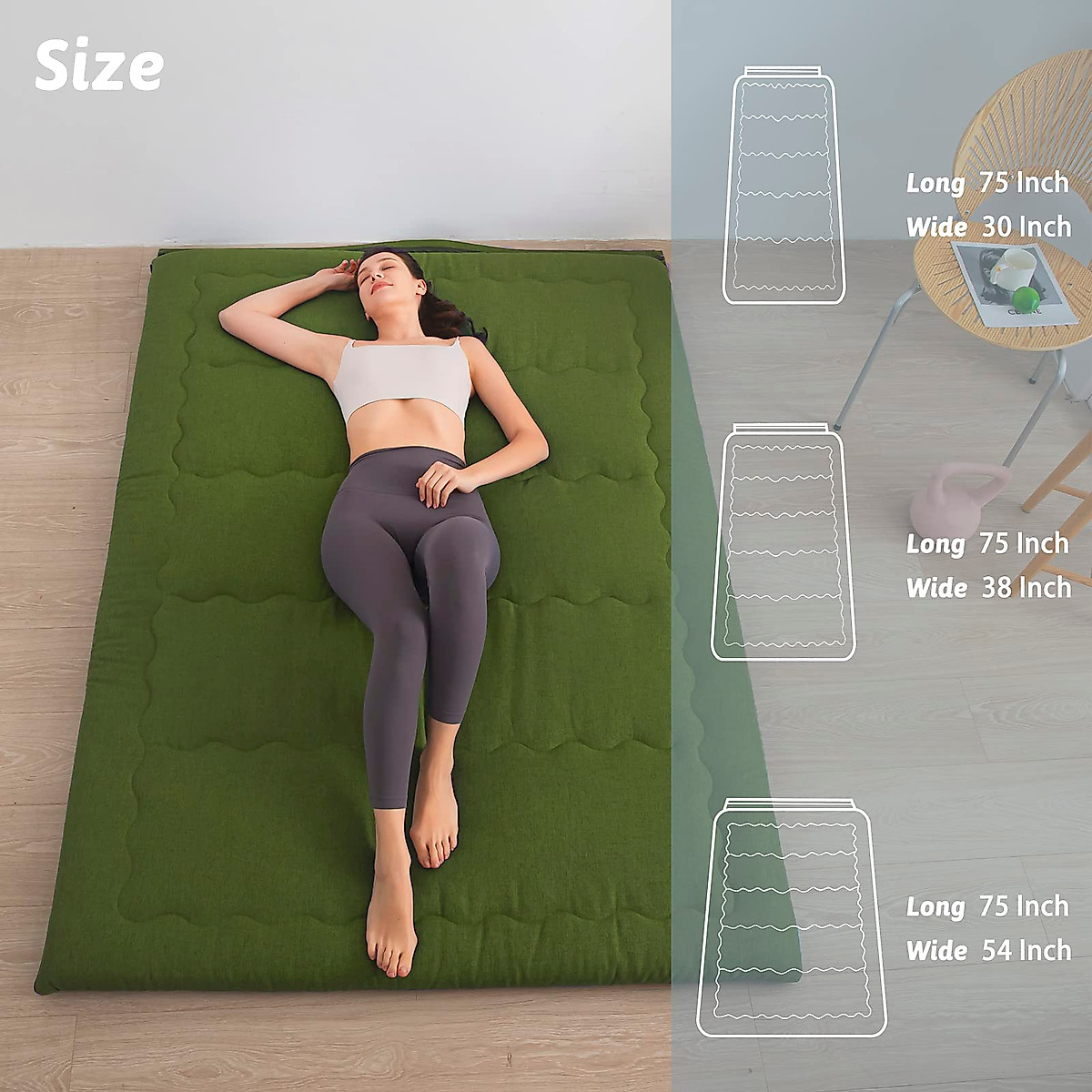 MAXYOYO Roll Up Mattress Sleeping Mat, Floor Futon Mattress for Outdoor Indoor, Upgraded Portable and Foldable Mattress, Green Full Mattress, 75x54 Inch