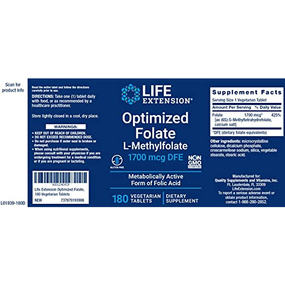 Life Extension Optimized Folate (L-Methylfolate) 1700 mcg DFE, 180 Veg Tablets