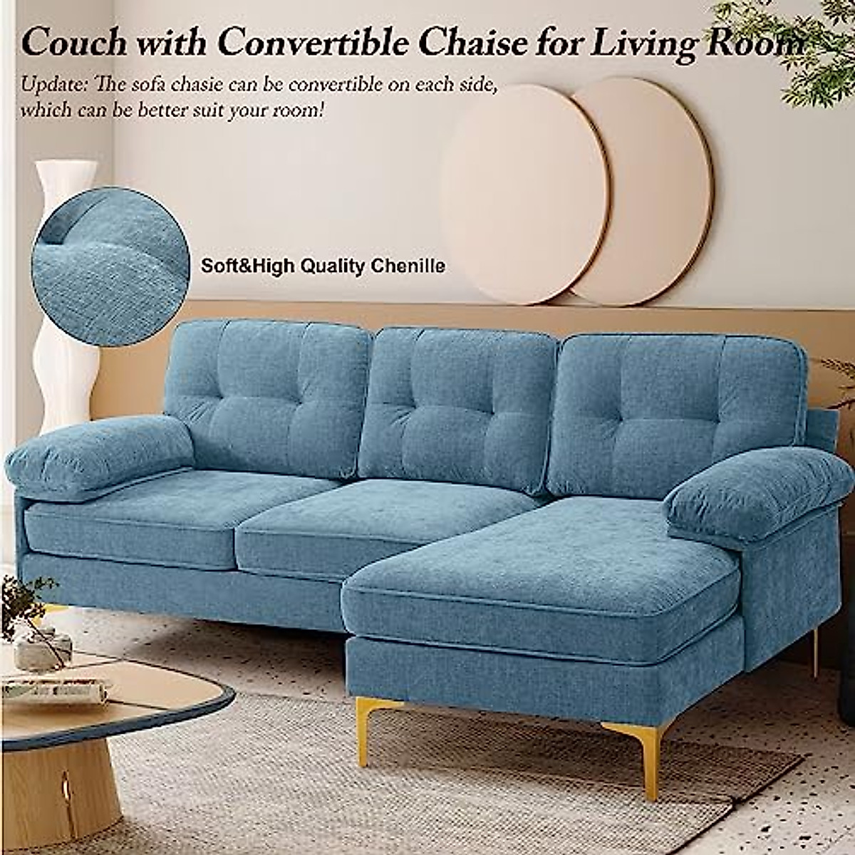 ABAKAN 79” Modern Sectional Sofas Couches for Living Room, Chenille L Shaped Couches with Chaise for Small Spaces, Sofa with Solid Wood Frame, Attached Armrest, Easy to Install(Light Blue)