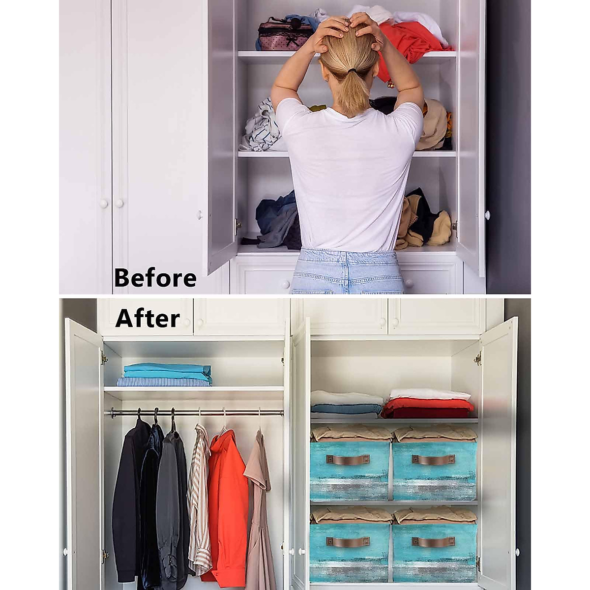 Abstract Storage Basket Turquoise Painting Large Foldable Storage Bins with Handles Modern Art Teal Gray Waterproof Fabric Laundry Baskets for Organizing Shelves Closet Toy Gifts Bedroom Home Decor