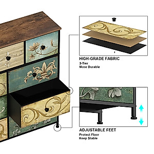 Tohomeor Dresser with Drawers for Bedroom Chest of Drawers Fabric Dresser for Closet,Nursery Entryway Hall Tree TV Stand for Living Room Retro Floral Pattern Drawers Wooden Top (9 Drawers)