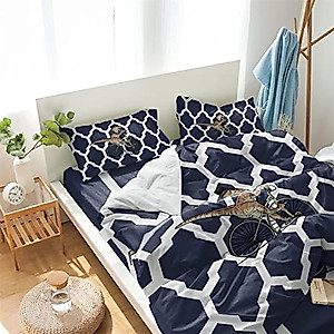 Moroccan Textured Dinosaur on Bicycle Duvet Cover Sets 4 Piece Twin Ultra Soft Bed Quilt Cover Set for Kids/Teens/Women/Men,Modern Minimalism Navy Blue Back Bedding Collection All Season Use