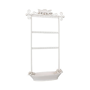 Shabby Chic Earring Holder Organizer Rack - Display Girls Hanging Jewelry on Metal Stand with Vanity Ring Dish Tray, Ivory Rose
