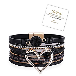 Dcfywl731 Multilayer Wrap Leather Bracelet Heart Modern Boho Bracelet Clasp Cuff Rhinestone Leather Bracelets for Women (Black)