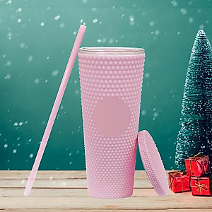 24oz DIY Studded Tumbler.Matte Light Pink Studded Tumbler with Lid and Straw.Reusable Double Walled Insulated Travel Tumbler.Plastic Acrylic Pastel Colored Tumbler Cup for Iced Coffee Smoothie.