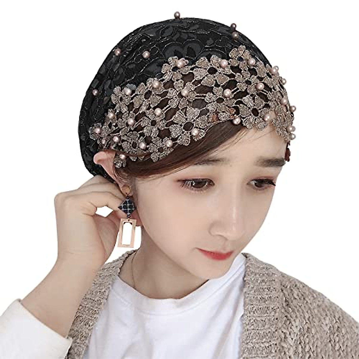 NICEYST Women Turban Hat Cancer Chemo Beanie Cap Headscarf Lace Embroidery Floral Beaded Islamic Muslim Hijab Head Wraps Black, One Size