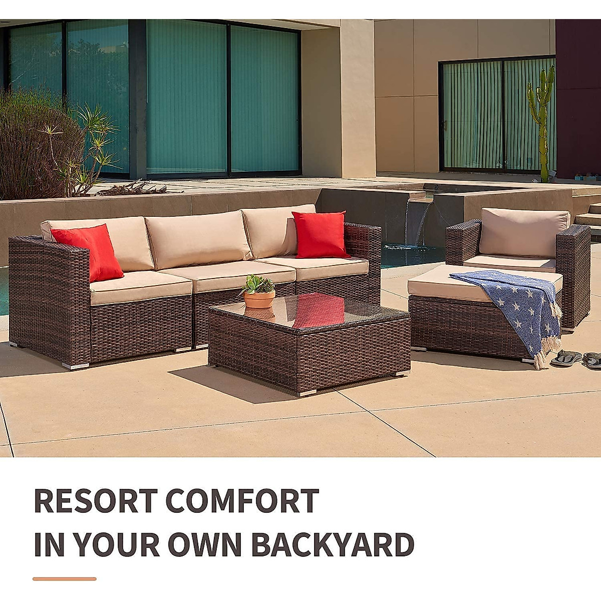 Incbruce 6 Piece Outdoor Patio Sofa Set, PE Rattan Wicker Patio Furniture Set All-Weather Patio Conversation Set with Glass Table and Removable Cushions (Brown)