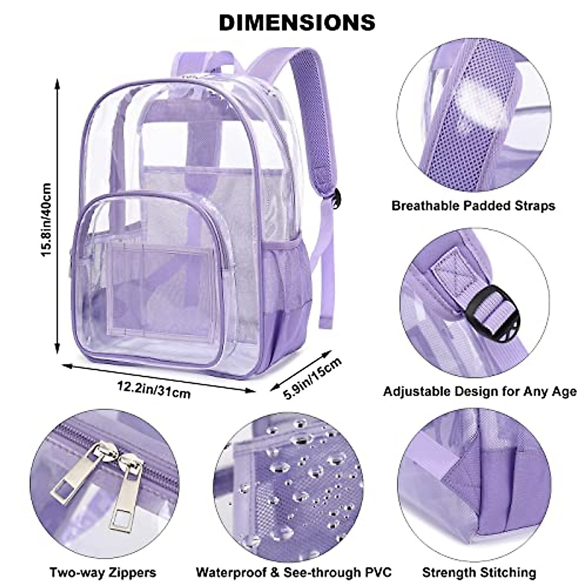 Dezcrab Clear Backpack School Backpack Bookbag for Girls Boys Women Men, Heavy Duty See Through Transparent Backpacks (Lavender Purple)