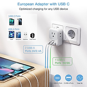 European Travel Plug Adapter USB C, TESSAN International Plug Adapter with 4 AC Outlets and 3 USB Ports, Type C Power Adaptor Charger for US to Most of Europe Iceland Spain Italy France Germany