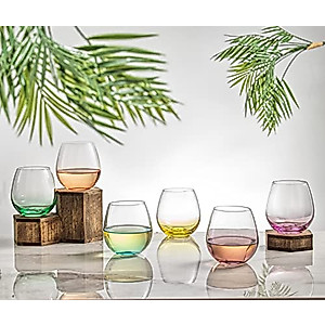 JoyJolt HUE Stemless Wine Glass Set. Large 15 oz Stemless Wine Glasses Set of 6. Short Wine Tumblers for White Wine Glasses, Red Wine Glasses, Water Glasses, No Stem Margarita Glasses, Colored Tumbler