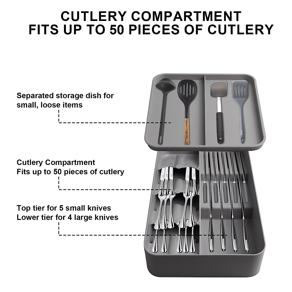 Silverware Drawer Organizer, Expandable Utensil Tray for Kitchen, BPA Free Flatware and Cutlery Holder, Adjustable Double Plastic Storage for Spoons