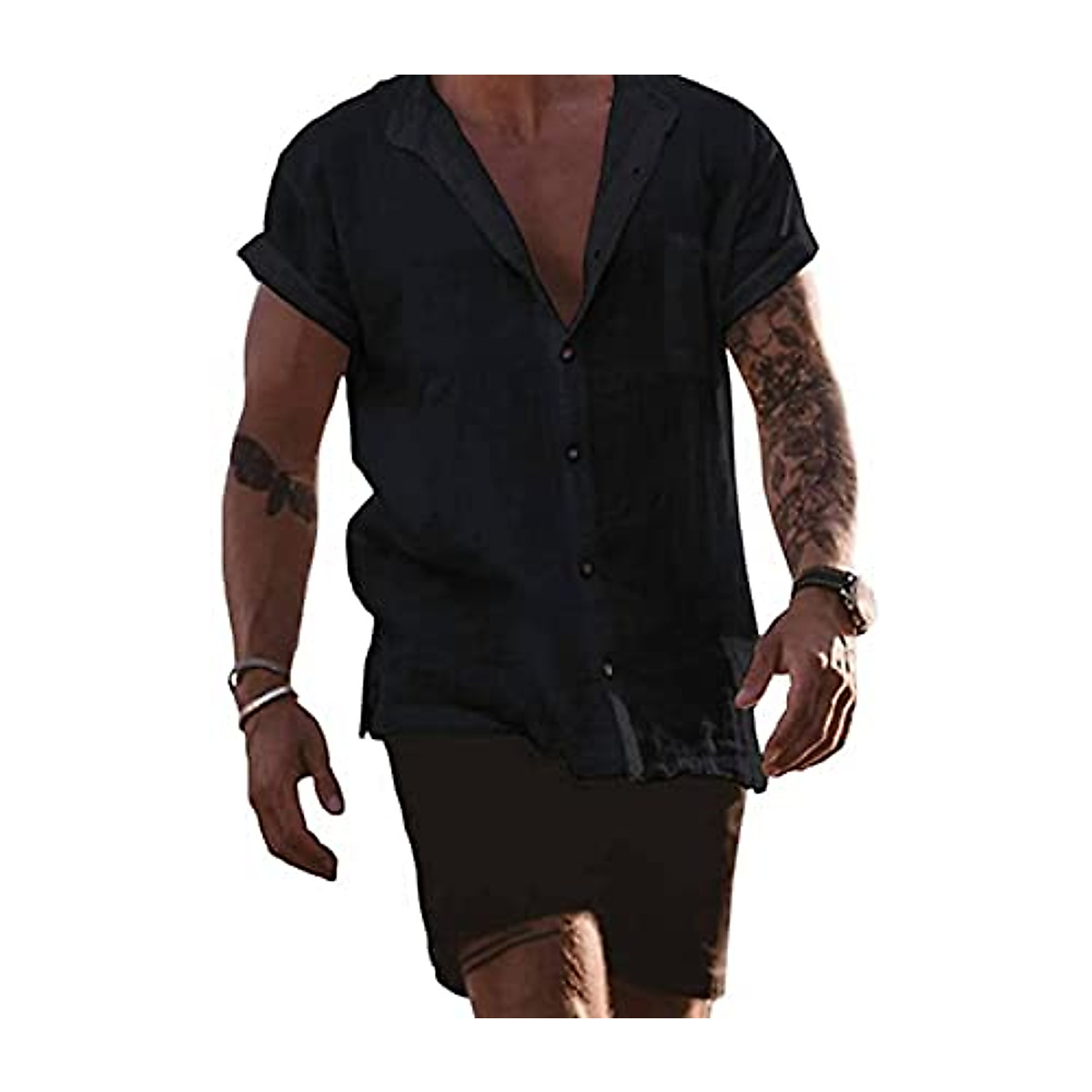 MBETA Cotton and Linen Solid Color Cardigan Loose Short Sleeve Shirt Suitable for Summer Menswear