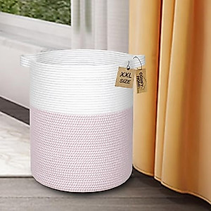 COMFY-HOMI XXL Blanket Basket 18”x16”|Cotton Rope Laundry Basket|Woven Basket for Storage|Gift Basket Empty for Newborn or Infant Gift for Boy Girl, Toy basket for blanket, cloth, towel-White/Pink