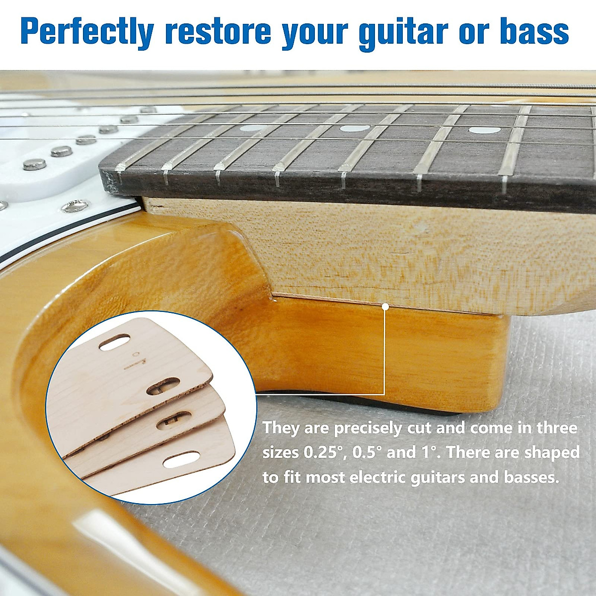 3 Pcs Guitar Neck Shims, Made of Canada Solid Maple, Protective Guitar Neck Gasket for Bolt-on Neck, 0.25°, 0.5°, and 1°Degree Guitar Plate for Guitar and Bass Repair