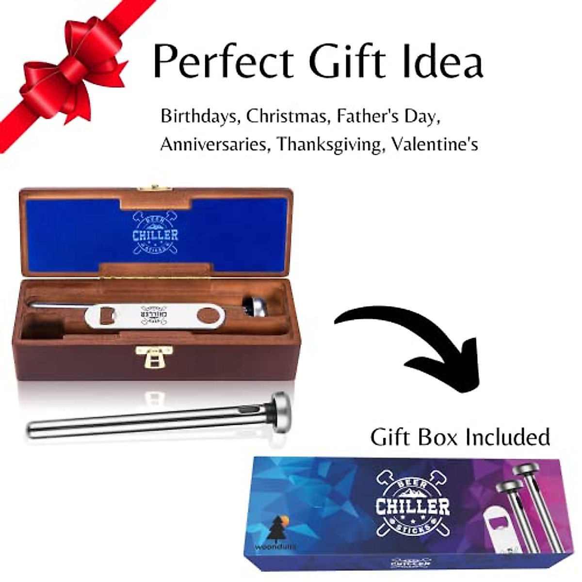 Beer Chiller Sticks for Bottles - Beer Gifts for Men - Beer Lover Gift featuring 2 Beer Chilling Sticks and 1 Bottle Opener in an Eco Friendly Wooden Gift Box - Beer Stick by woondulla