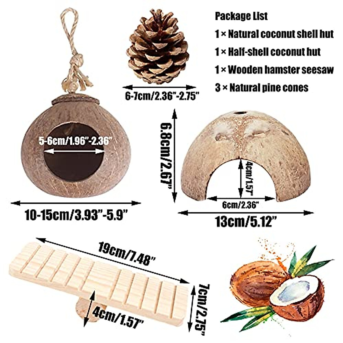 PINVNBY Coconut Hut Hamster Hiding House Hanging Coconut Shells Pet Cave Hideout Small Animal Cage Habitat Decor for Gerbils Rats Mice Dwarf Syrian Hamster Playing & Resting (6 PCS) 