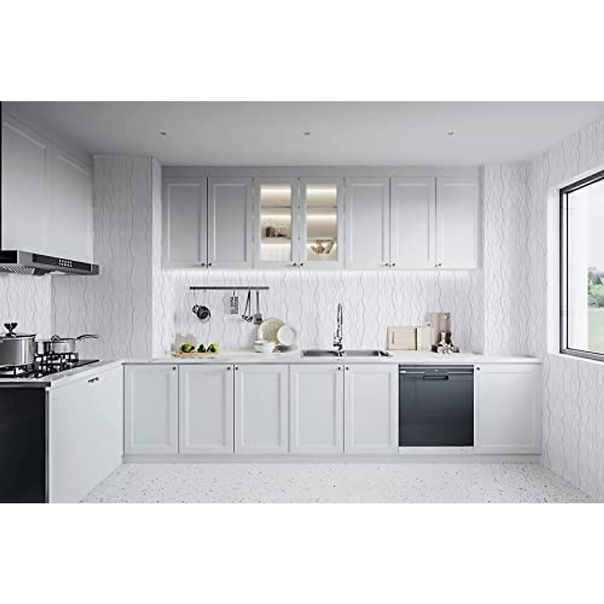 Dimoon 197’’x17.7’’Wallpaper White Peel and Stick Wallpaper Waterproof Removable White Contact Paper Self Adhesive White Wave Silver Stripe Vinyl Wall Paper Modern Shelf Drawer Liner Wall Covering