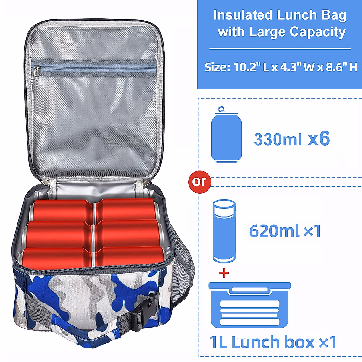 Insulated Lunch Bag, Leakproof Portable Lunch Box for Women Men Boys Girls, Large Capacity Cooler Bag with Handle and Bottle Pocket for Office School Camping Hiking Outdoor Beach Picnic (Camo Blue)
