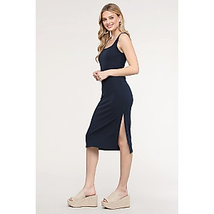 Emma's Closet Women's Tank Dress - Sleeveless Square Neck Casual Midi One Piece with Side Slit YCGD3150 Navy S