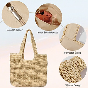GOLDTIMO Beach Bags for Women - Summer Soft Large Woven Shoulder Purse Handbag, Beach Tote Straw Bag for Summer Vacation, Beige